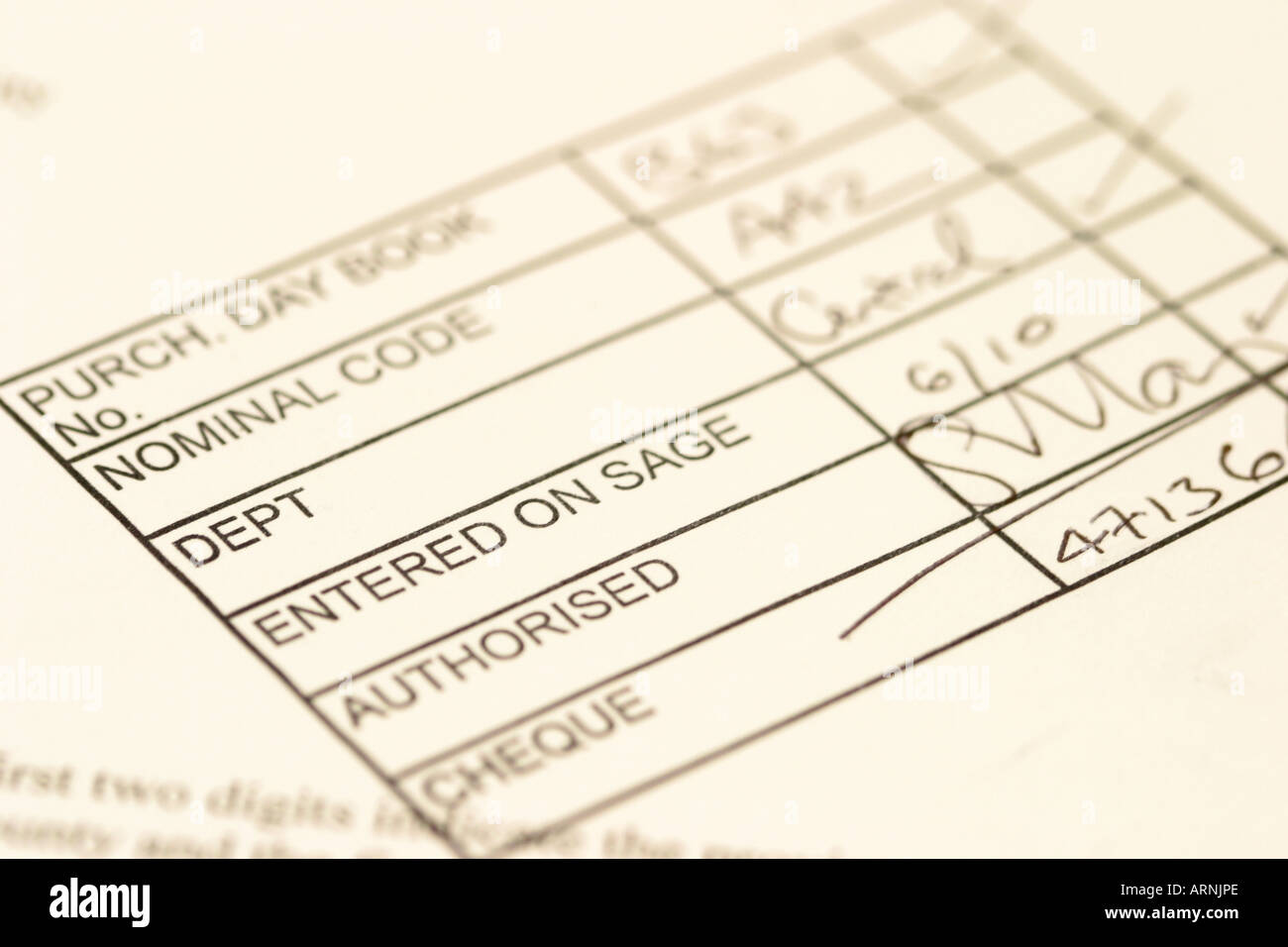 Finance department paperwork stamp purchase order nominal code Stock ...