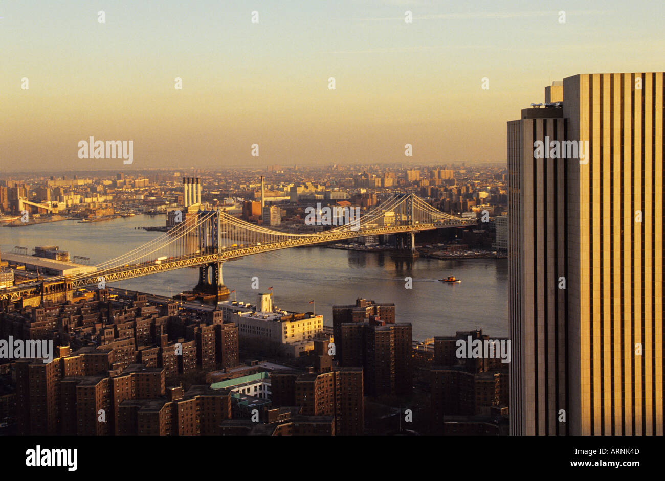 New York City aerial landscape of Manhattan Bridge, Lower Manhattan ...