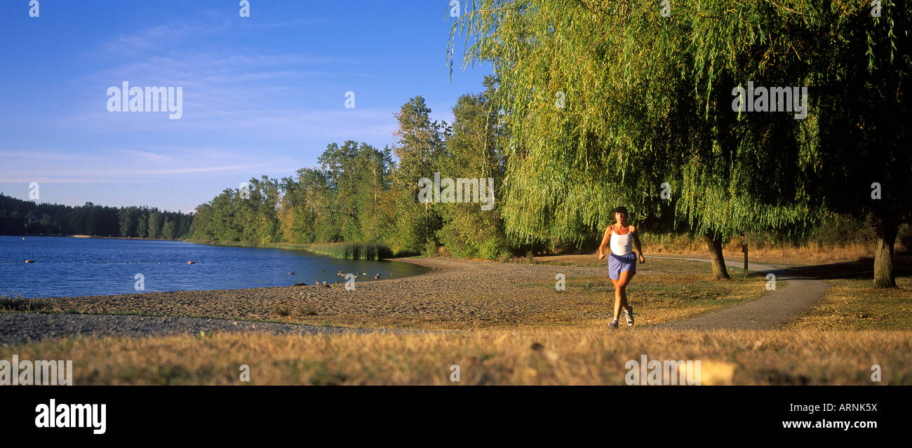 Elk Lake runner, panorama, Victoria, Vancouver Island, British Columbia ...