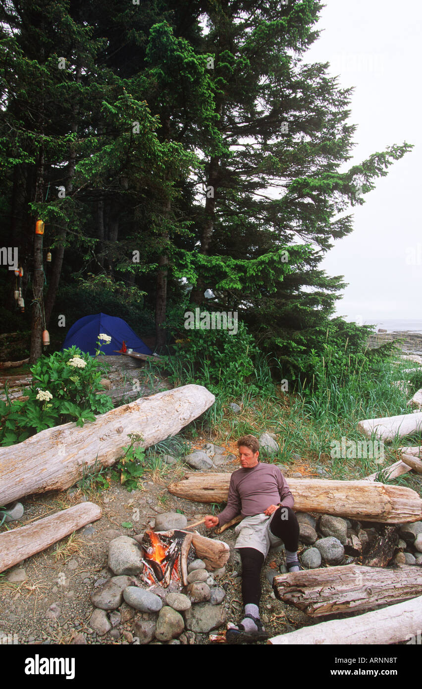 West Coast Trail, hiker & campfire, Darling River, Vancouver Island ...