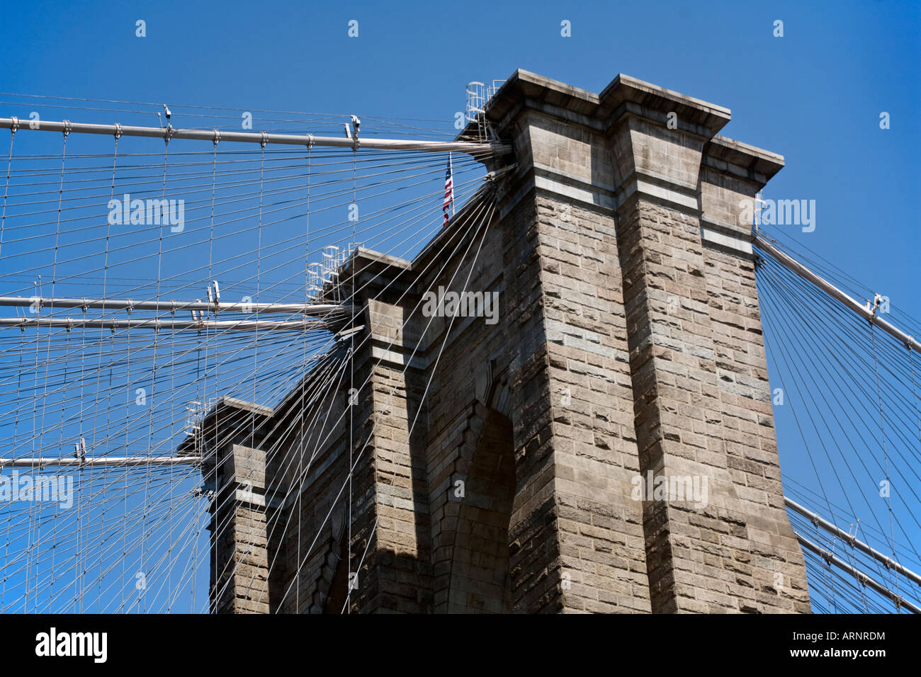 Detail of suspension lines and tower BROOKLYN BRIDGE NEW YORK CITY ...