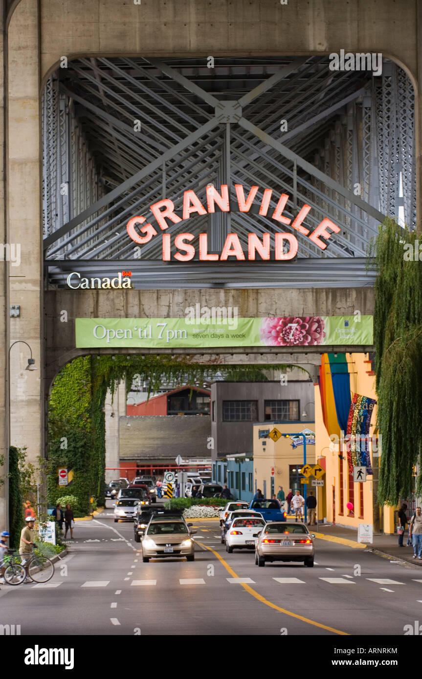 Entrance to Granville Island beneath the Granville street bridge ...