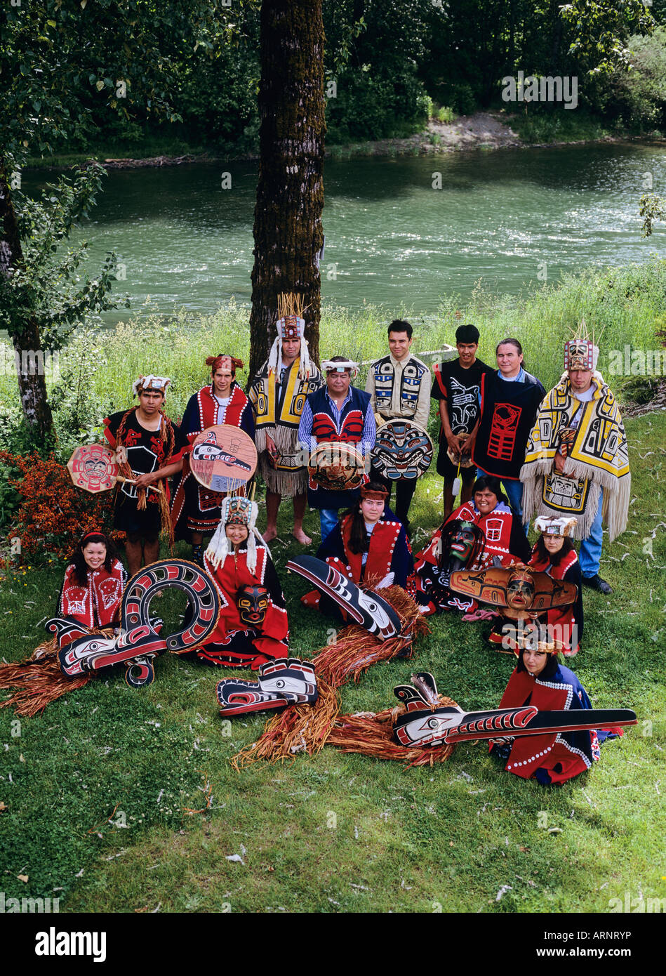 Kwakwaka'wakw group, Hunt family dancers on the banks of Cowichan River ...