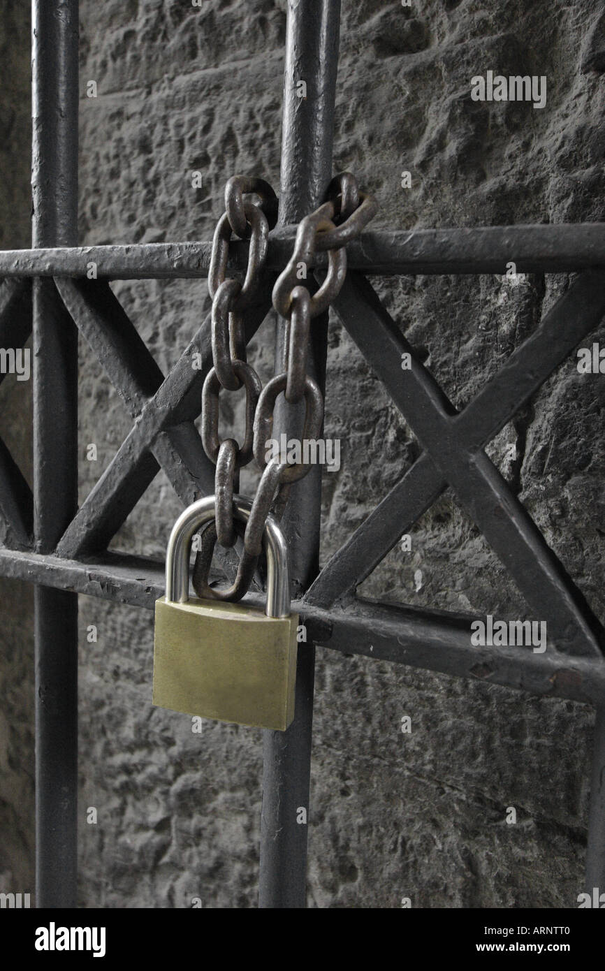 Lock and chain on metal gate Stock Photo - Alamy