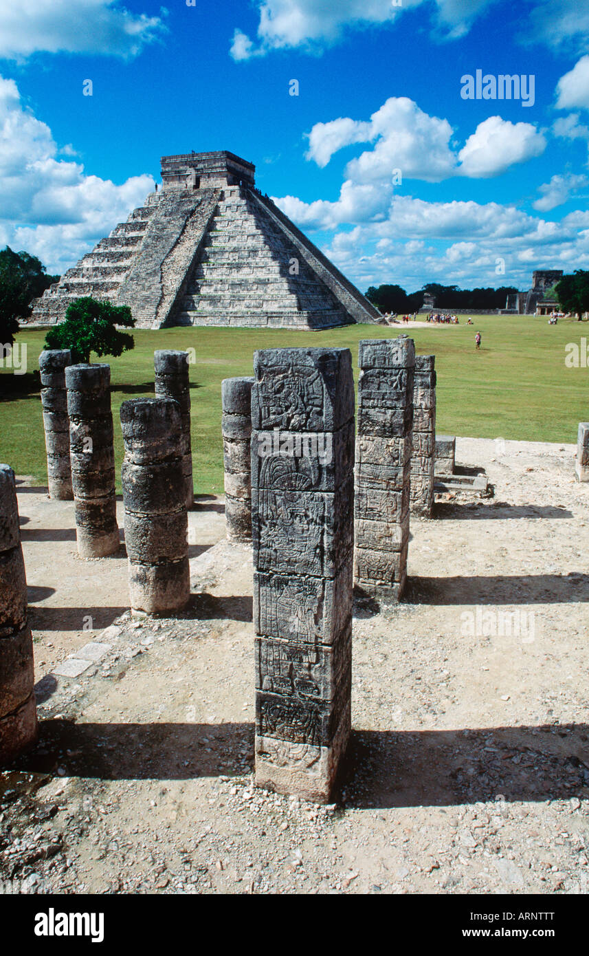 Mexico, Yucatan Peninsula at Chichen Itza, pyramid and columns, Temple ...