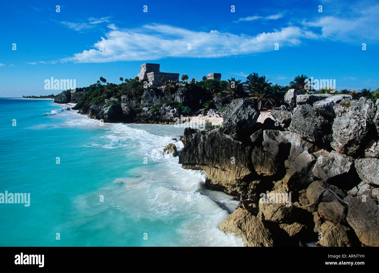 Mexico, Yucatan Peninsula, Carribean Sea at Tulum, the only Mayan ruin ...