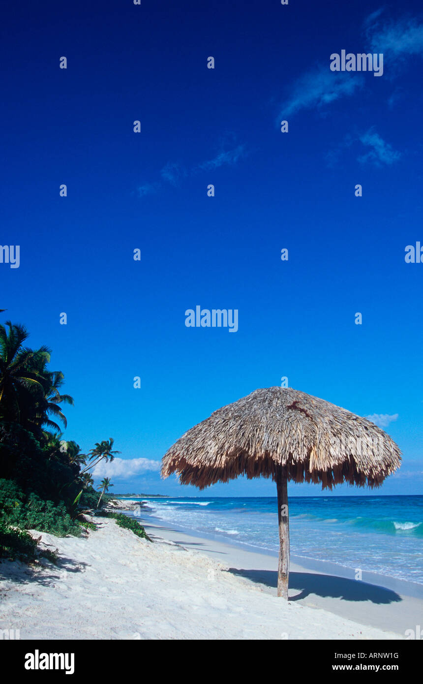 Mexico, Yucatan Peninsula, Carribean, beach near Tulum with palapa ...