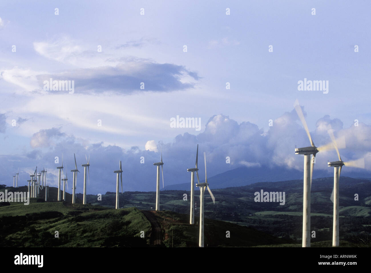 Costa Rica, near Tilaran in Guancaste Province. Wind turbine electrical ...