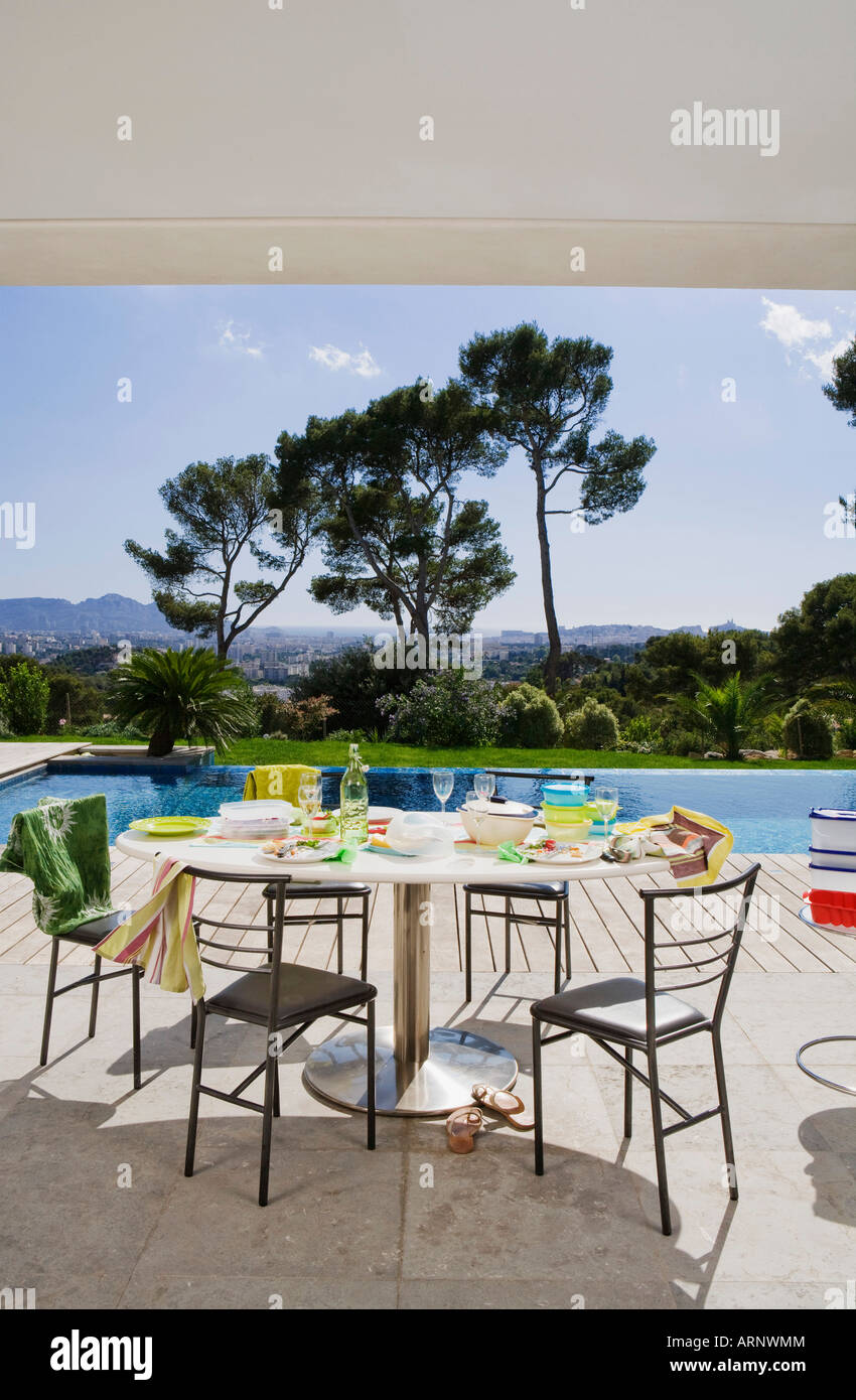 Table and chairs by poolside Stock Photo - Alamy