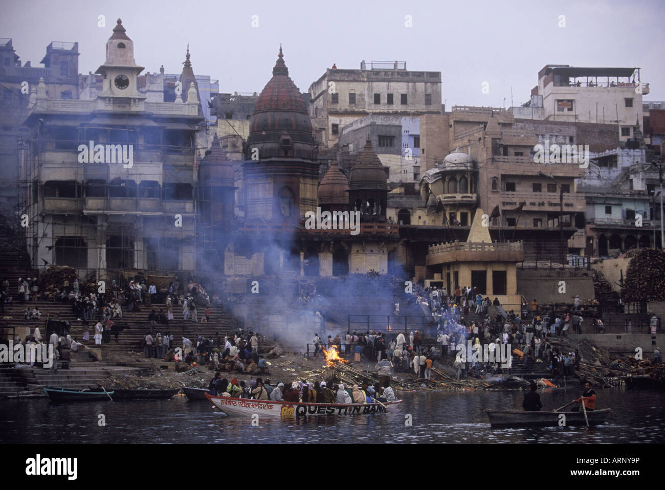 India, Varanasi, Manikarnika Ghat, the main burning ghat. Place of ...