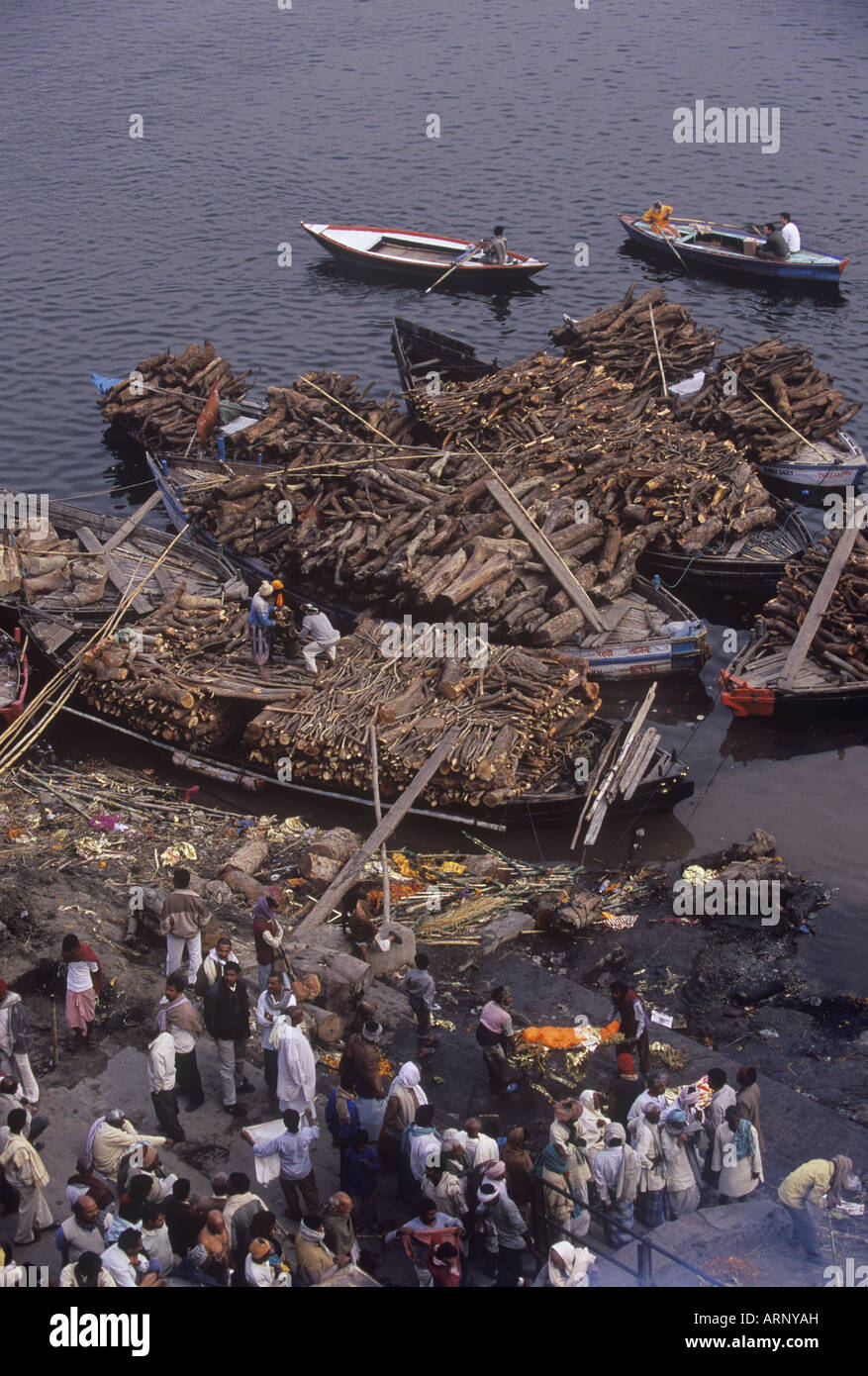 India, Varanasi, Manikarnika Ghat, the main burning ghat. Place of ...