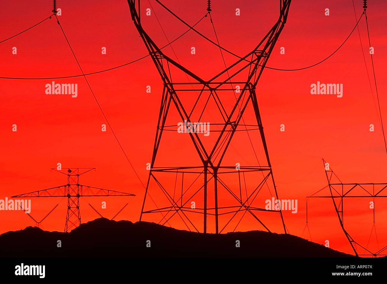 Hydro lines at sunset Stock Photo - Alamy