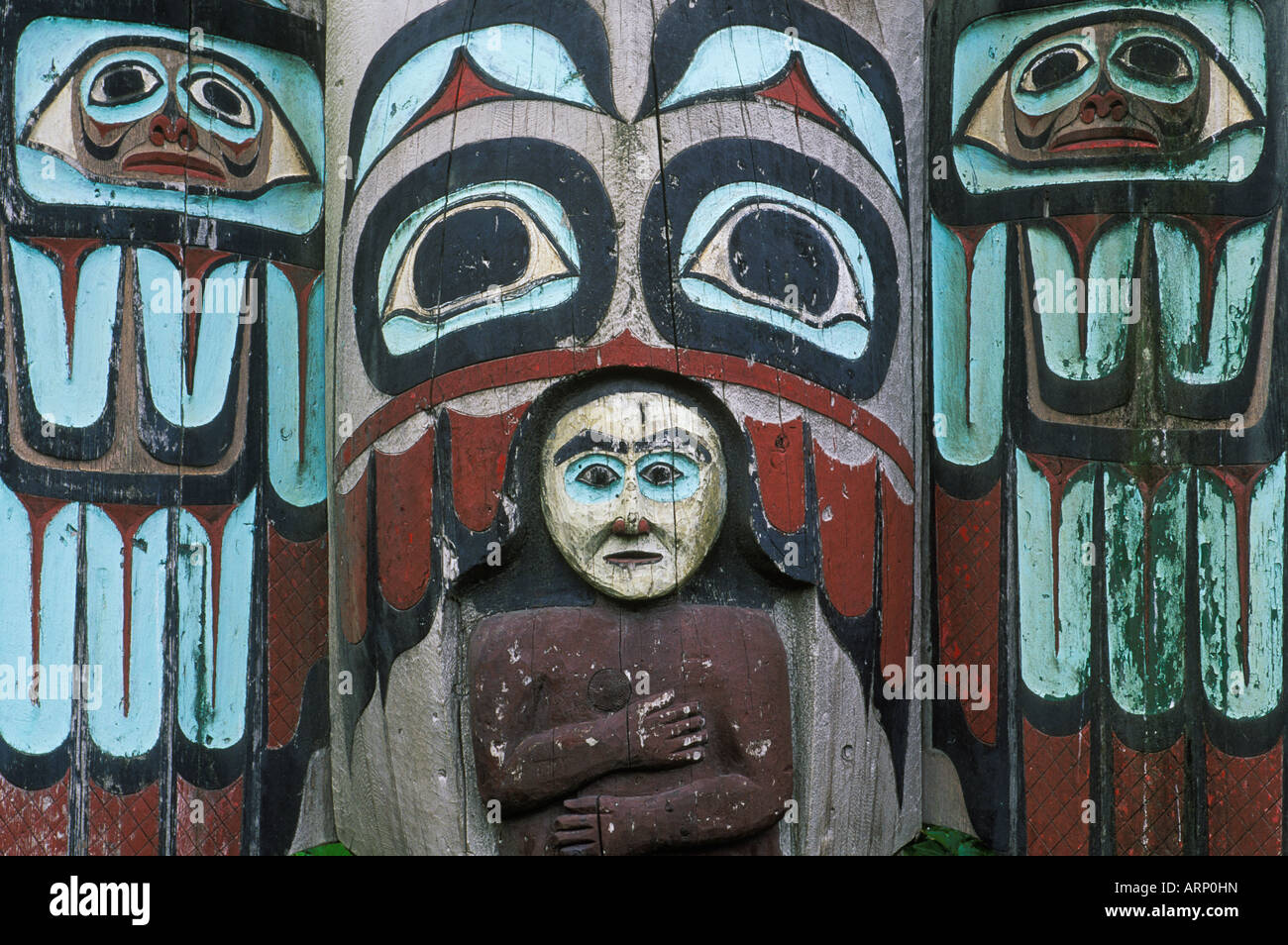 USA, Alaska, Totem Pole details from Totem Bight State Historical Park ...