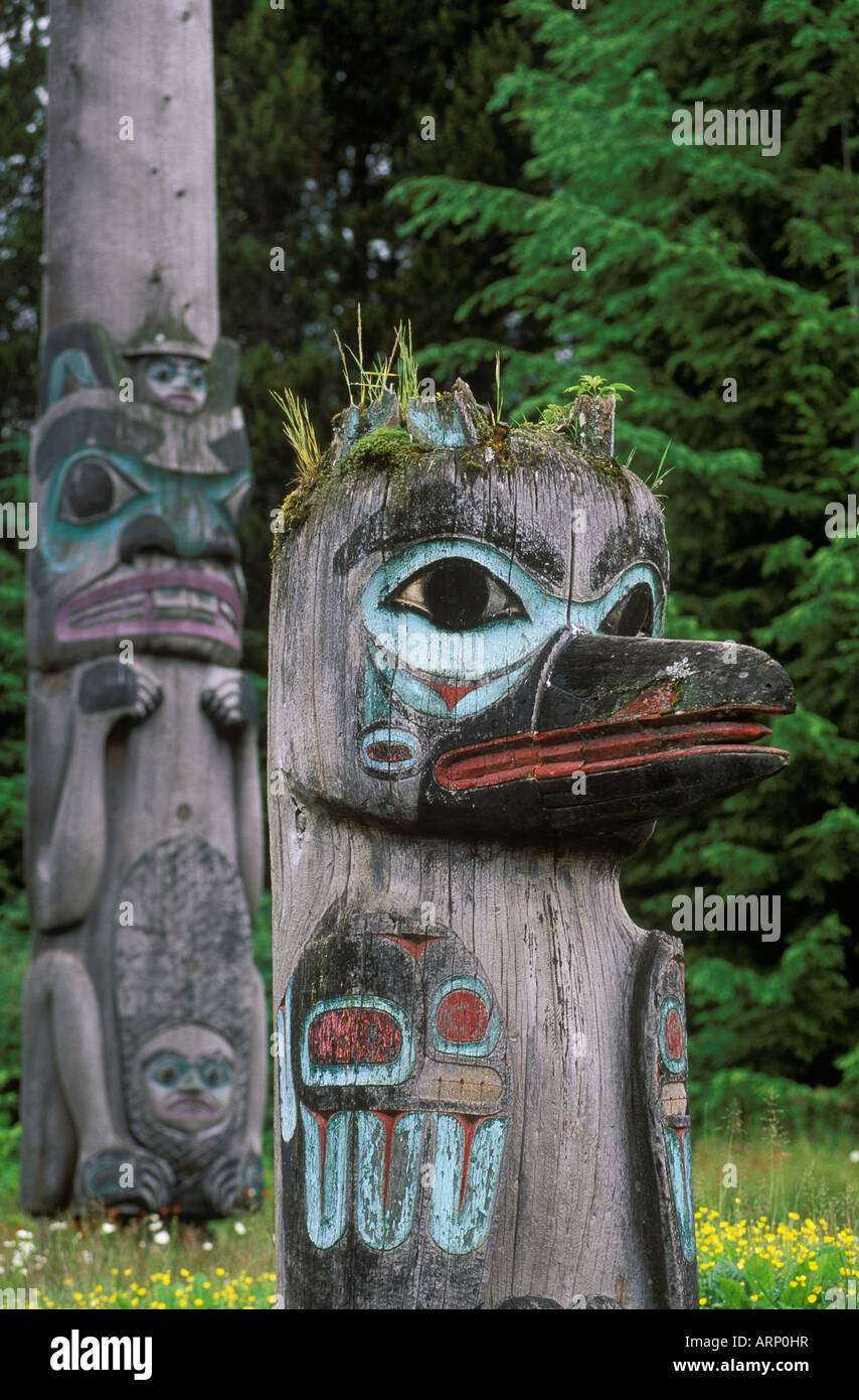 USA, Alaska, Totem Pole details from Totem Bight State Historical Park ...