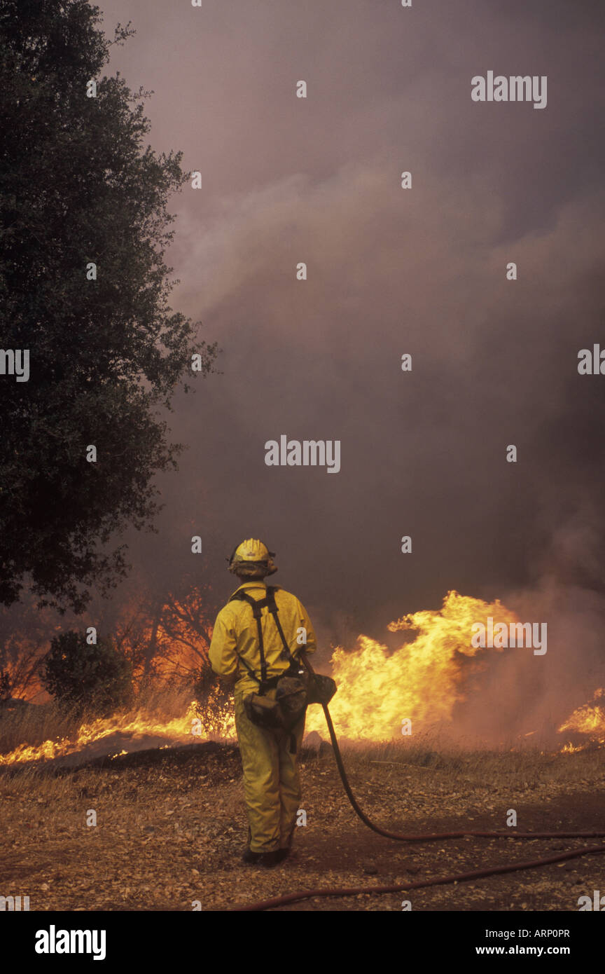 Firemen hoses down bush fire in Central California, USA Stock Photo - Alamy