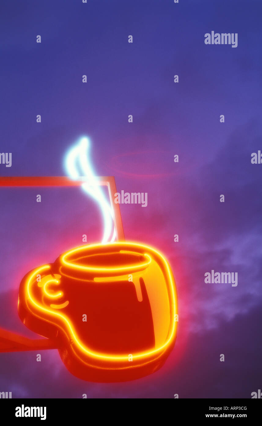 USA, Washington State, Seattle, neon coffee sign at Pike Place Market ...