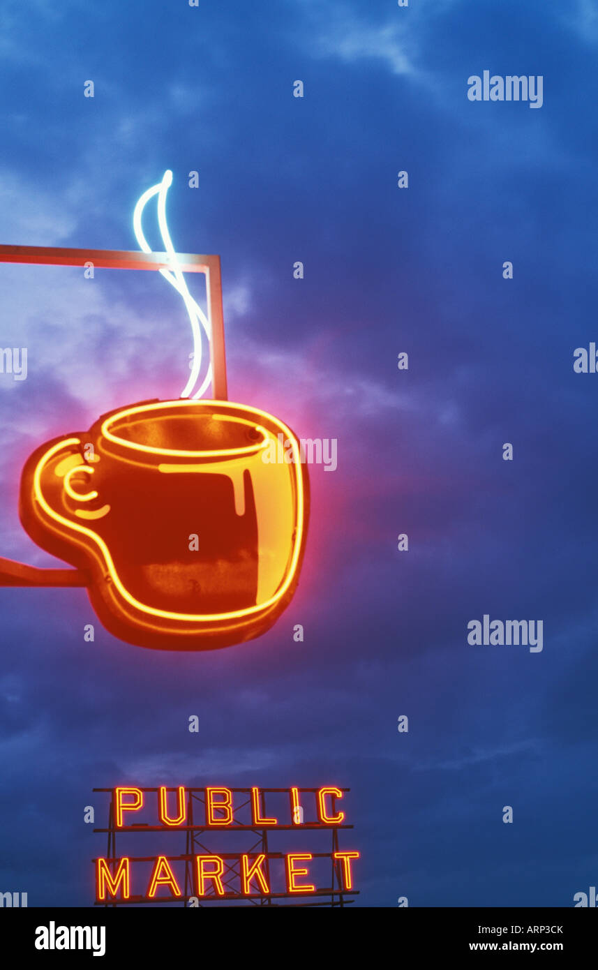 USA, Washington State, Seattle, neon coffee sign at Pike Place Market ...