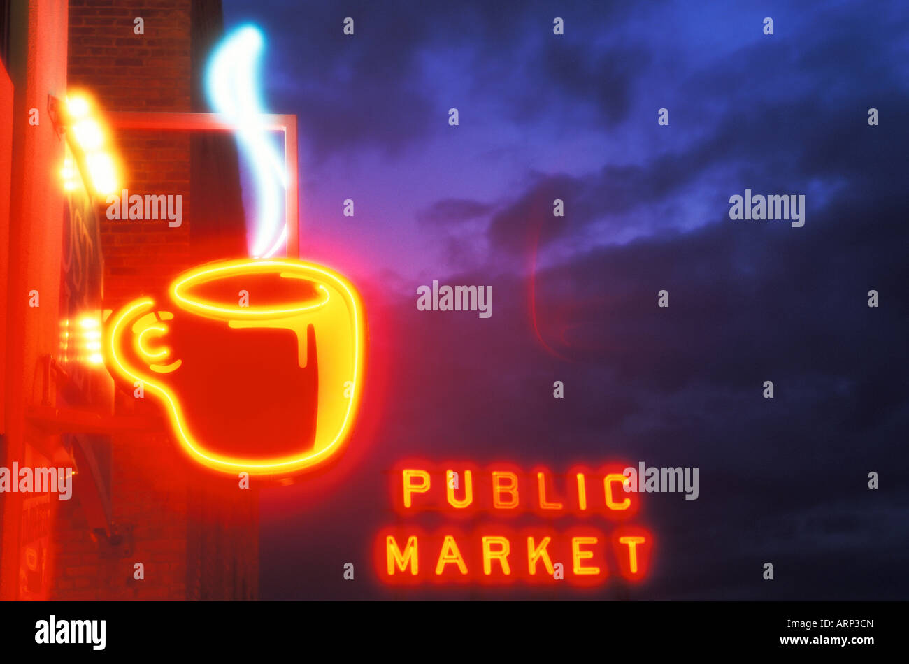 USA, Washington State, Seattle, neon coffee sign at Pike Place Market ...