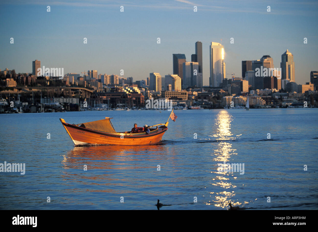 USA, Washington State, Seattle, Lake Union with skyline and rec boater ...