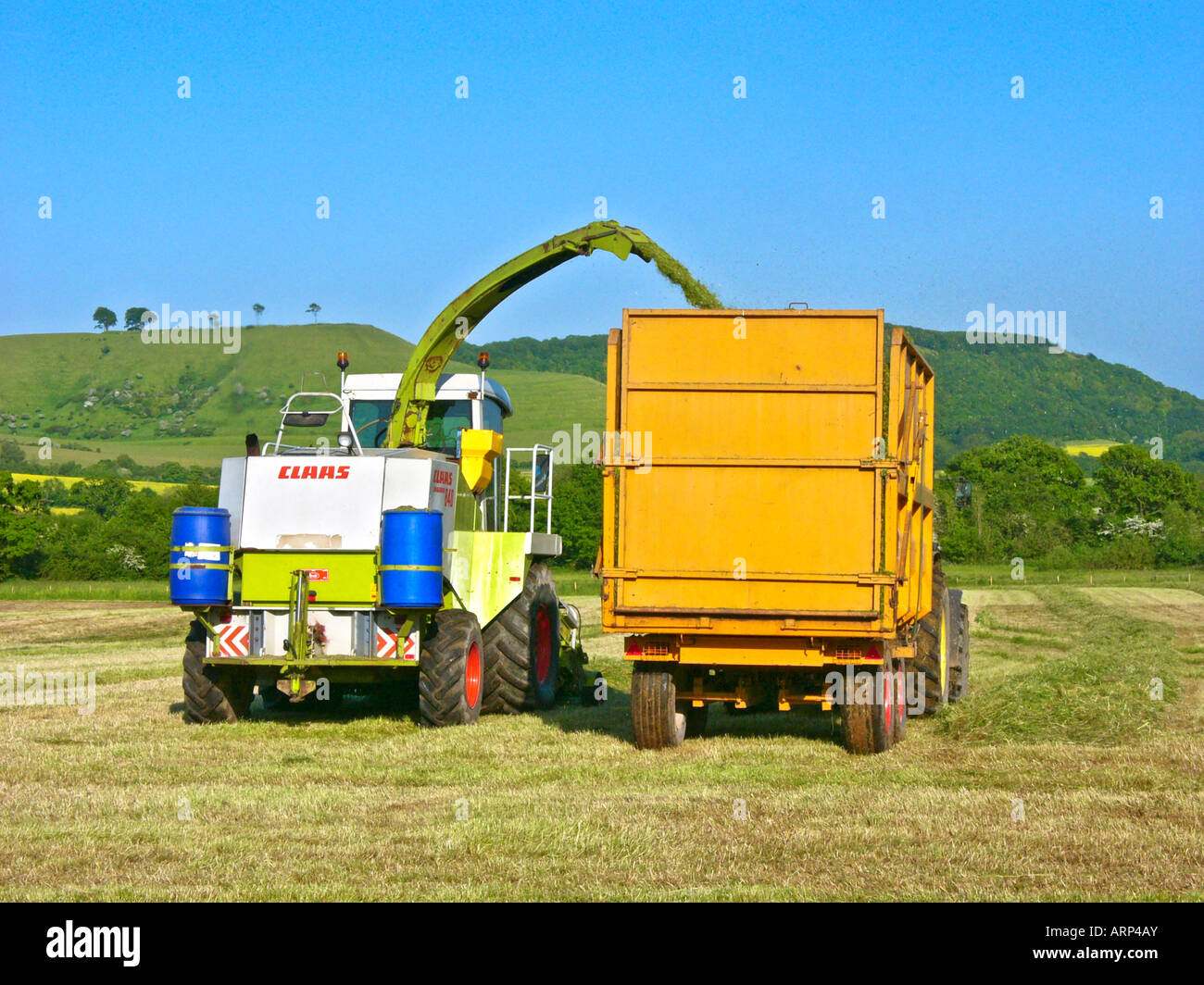 Harvesting silage in a field near Bromham in Wiltshire England UK EU ...