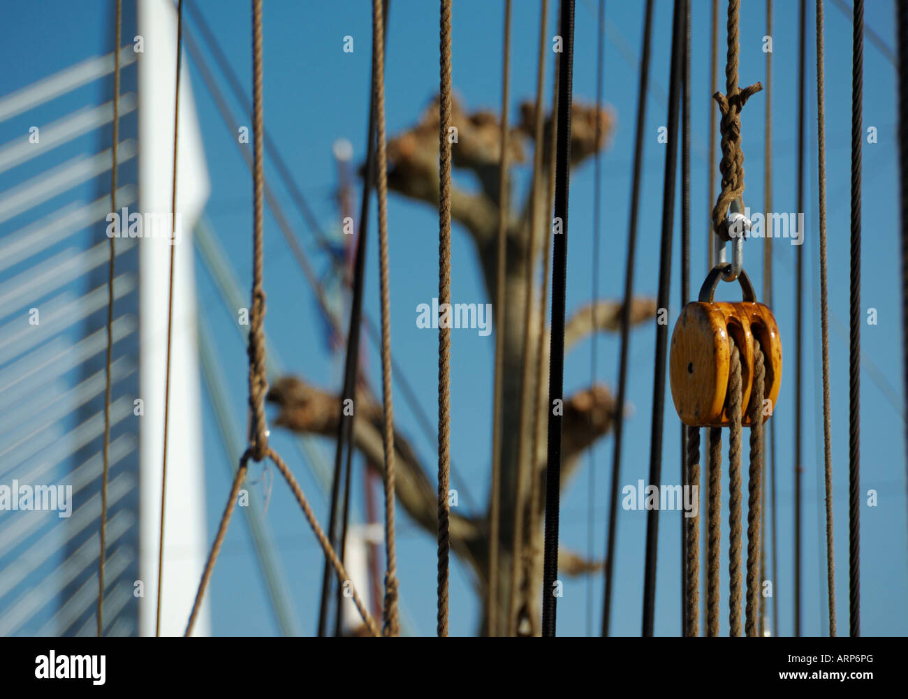 Part of ship cables with pulley in old city centre harbour of Rotterdam ...