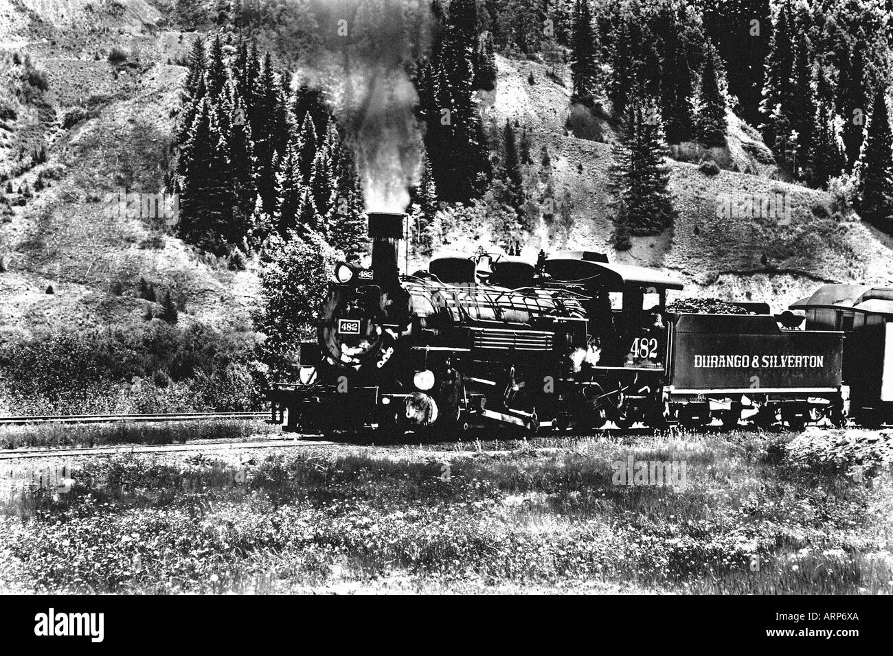 Train mountain steam engine B&W old look Stock Photo - Alamy