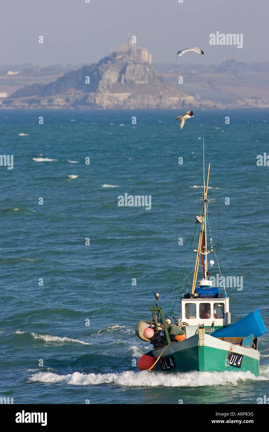 newlyn fishing boat st michaels mount ,trawlermen Stock Photo - Alamy