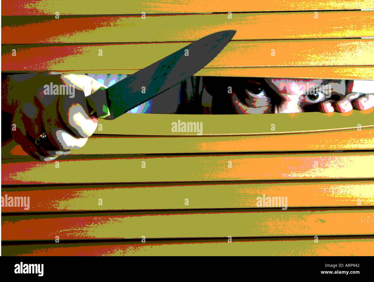Man with knife looks through blinds special effect Stock Photo - Alamy