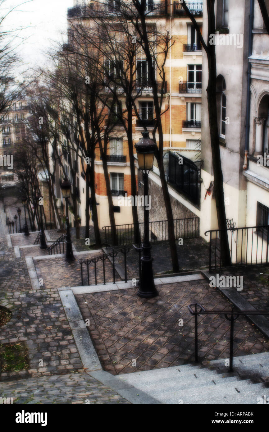 Steps leading down from the Basilica of Sacre Coeur into Montmartre ...
