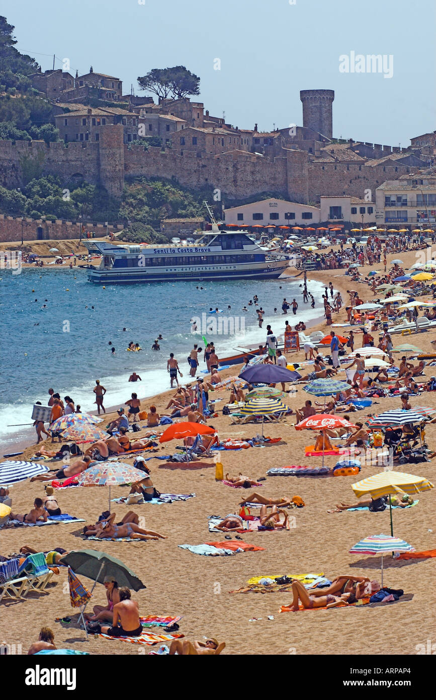 Crowded Beach Scene, Tossa de Mar, Costa Brava, Spain, Europe, Eu ...