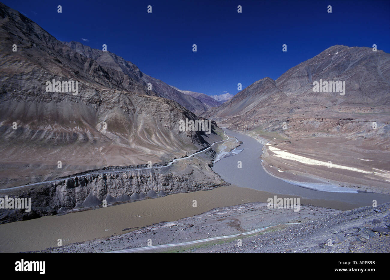 Confluence of the Indus and Zanskar Rivers Note the mixing flows Ladakh ...