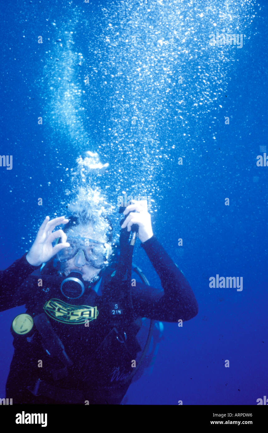 Girl diving giving ok sign Stock Photo - Alamy