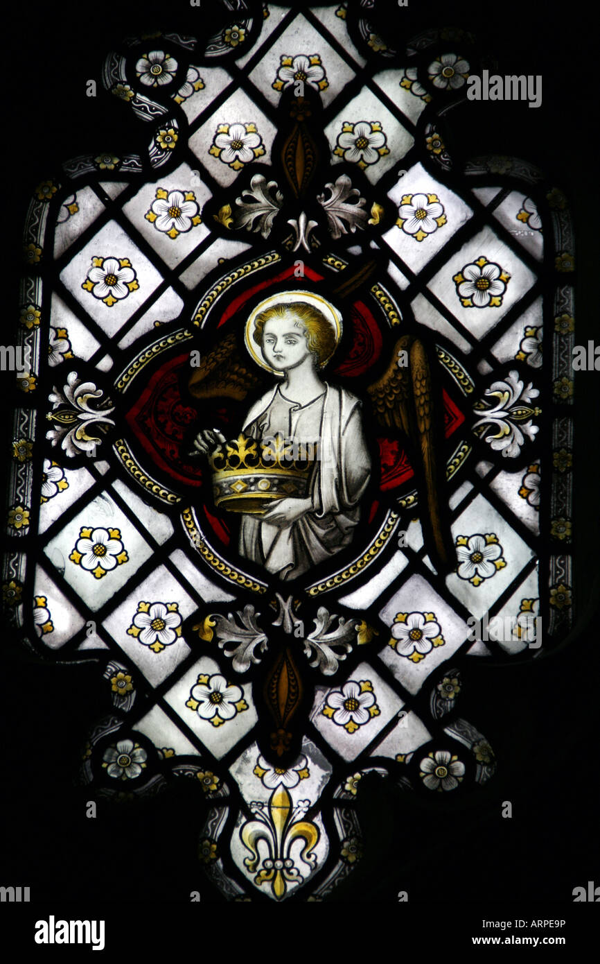 Stained glass window in the cloister of Gloucester Cathedral, England ...