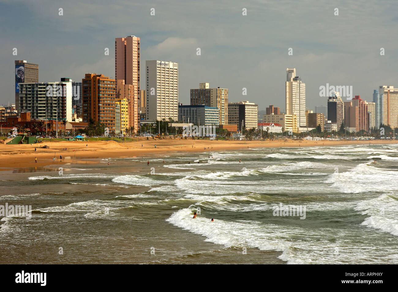 Sandy Golden Mile beaches along the Indian Ocean and skyline of Durban ...