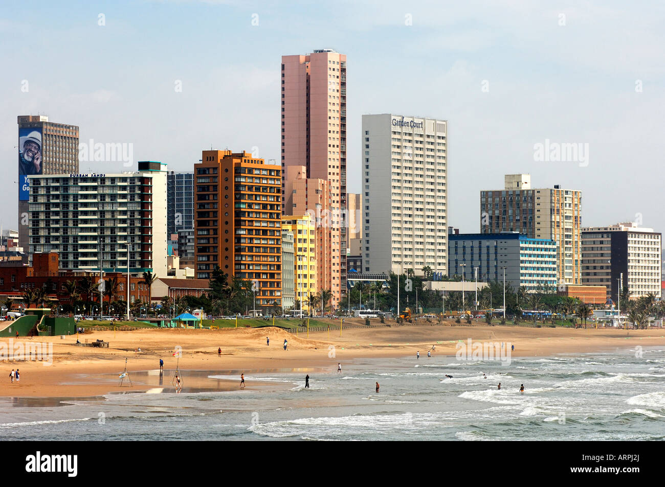 Sandy Golden Mile beaches along the Indian Ocean and skyline of Durban ...
