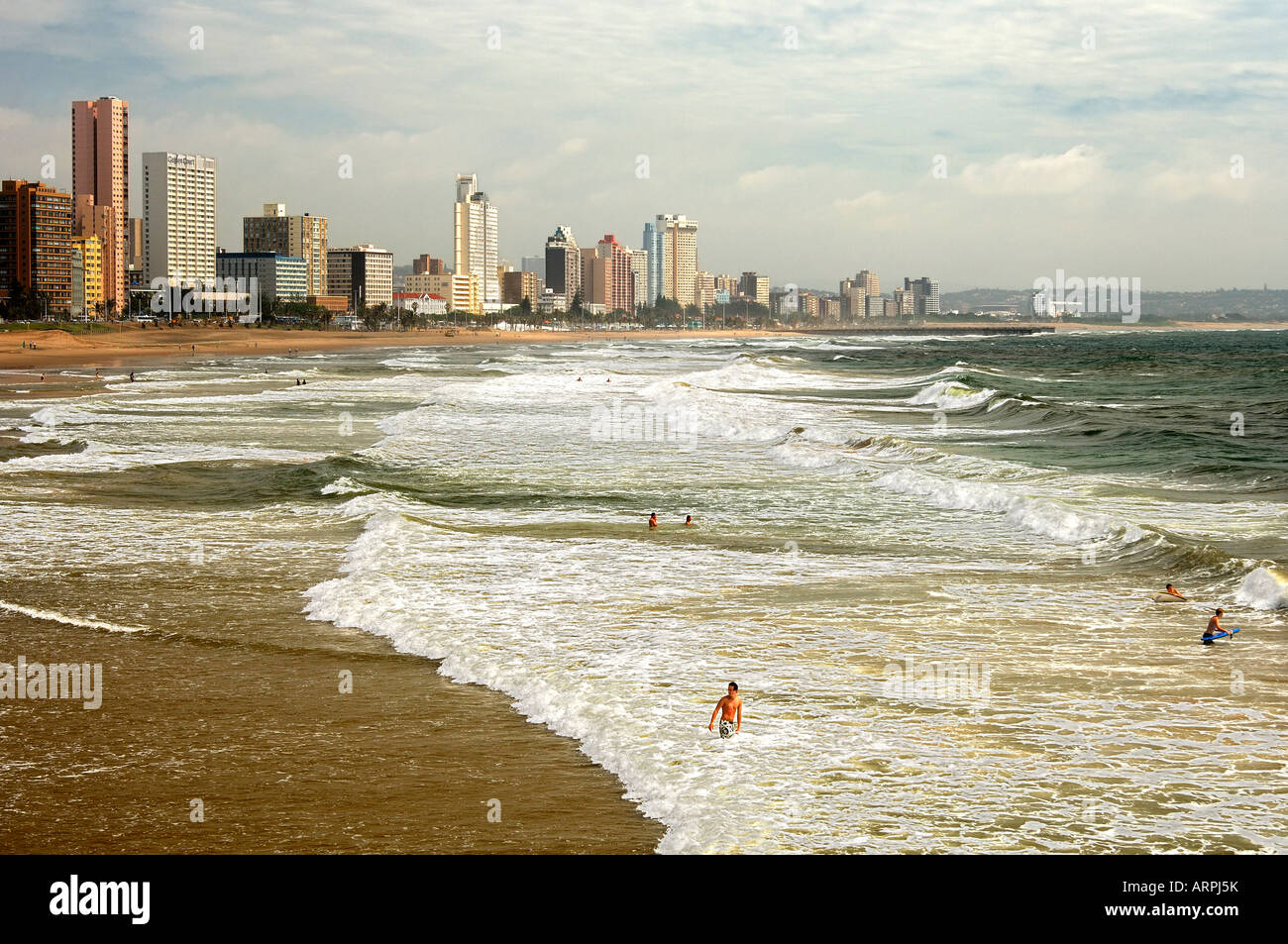 Sandy Golden Mile beaches along the Indian Ocean and skyline of Durban ...