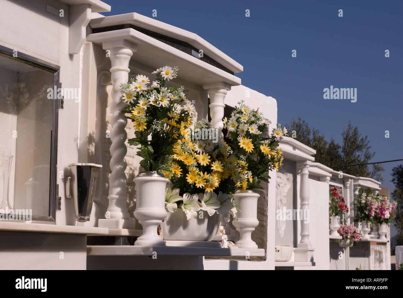 Flowers on a grave at village cemetery in Benarraba village, Andalusia ...