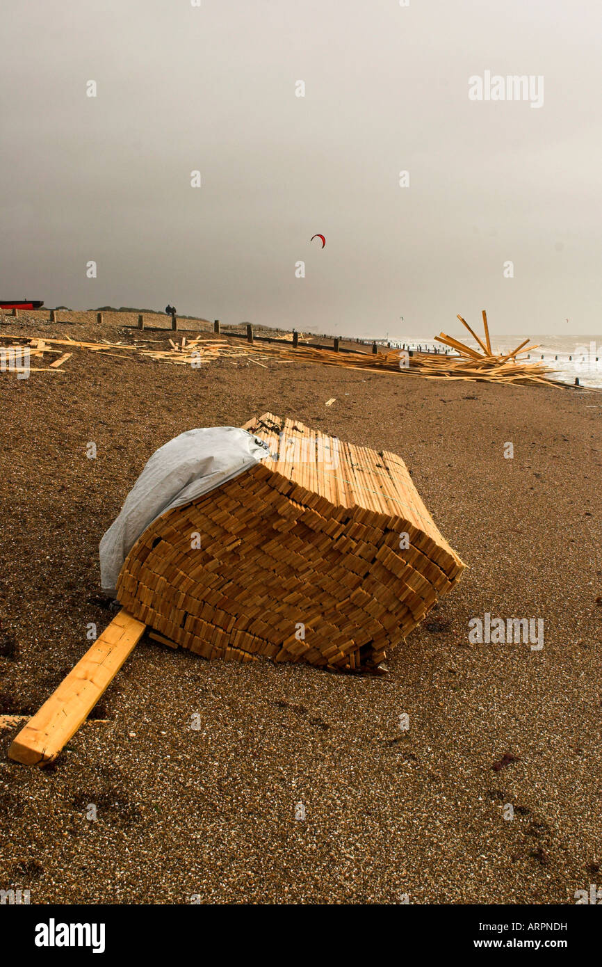 Timber from a sunken ship washed up on Ferring beach near Worthing ...