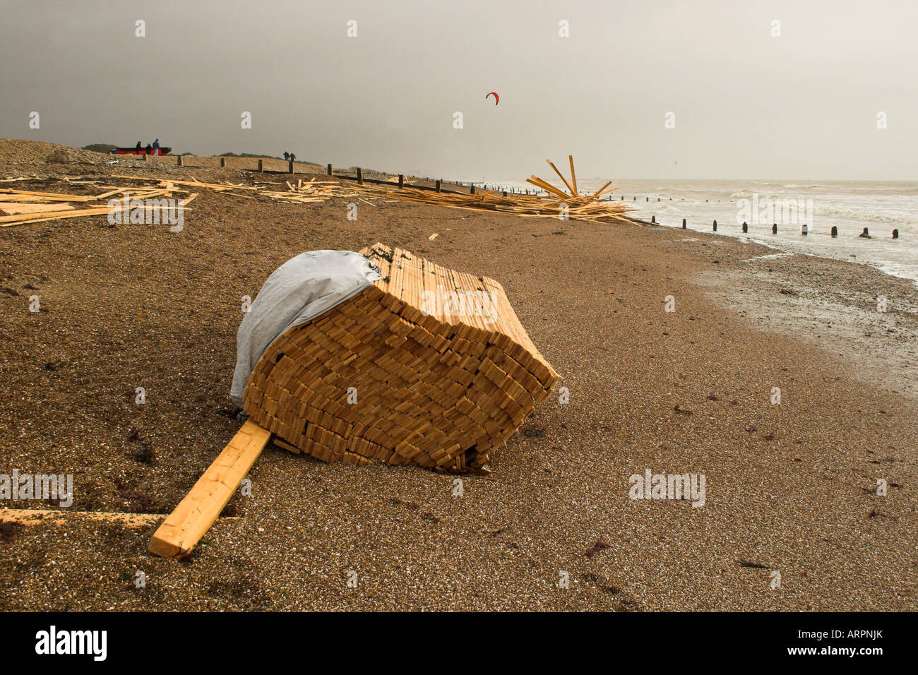 Timber from a sunken ship washed up on Ferring beach near Worthing ...