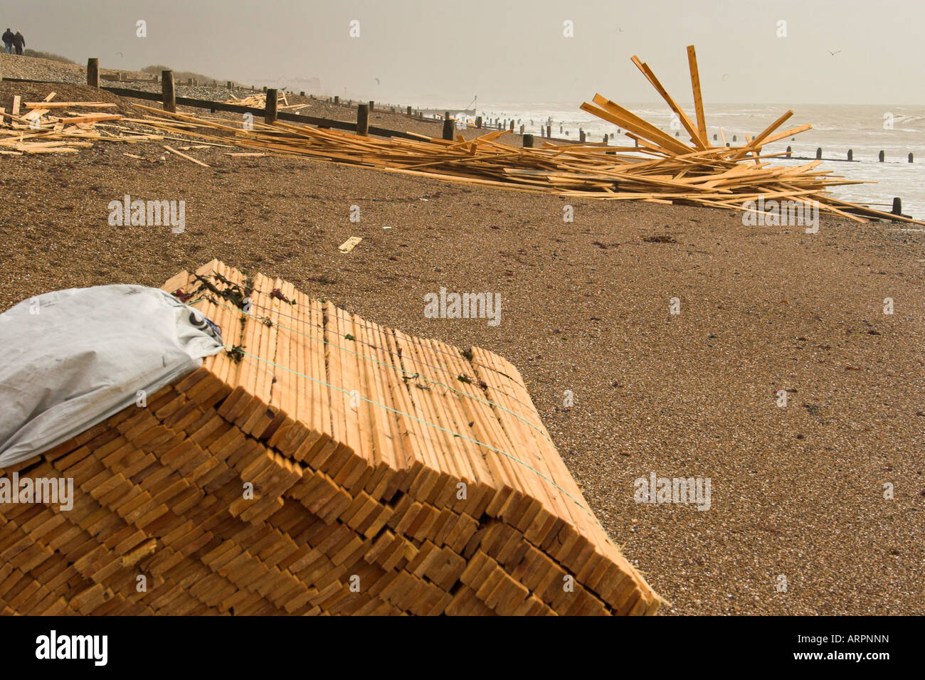 Timber from a sunken ship washed up on Ferring beach near Worthing ...