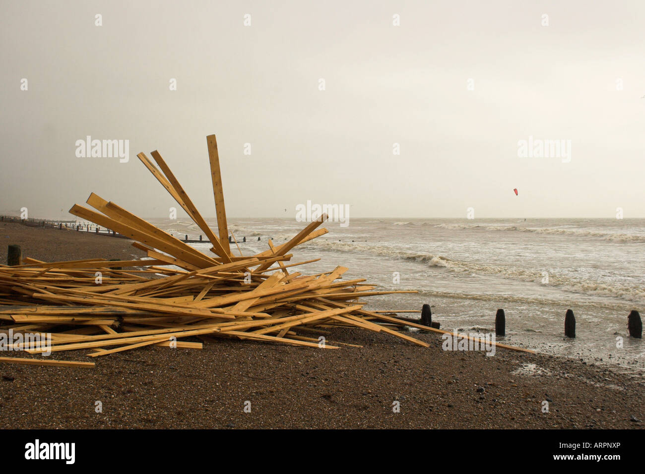 Timber from a sunken ship washed up on Ferring beach near Worthing ...