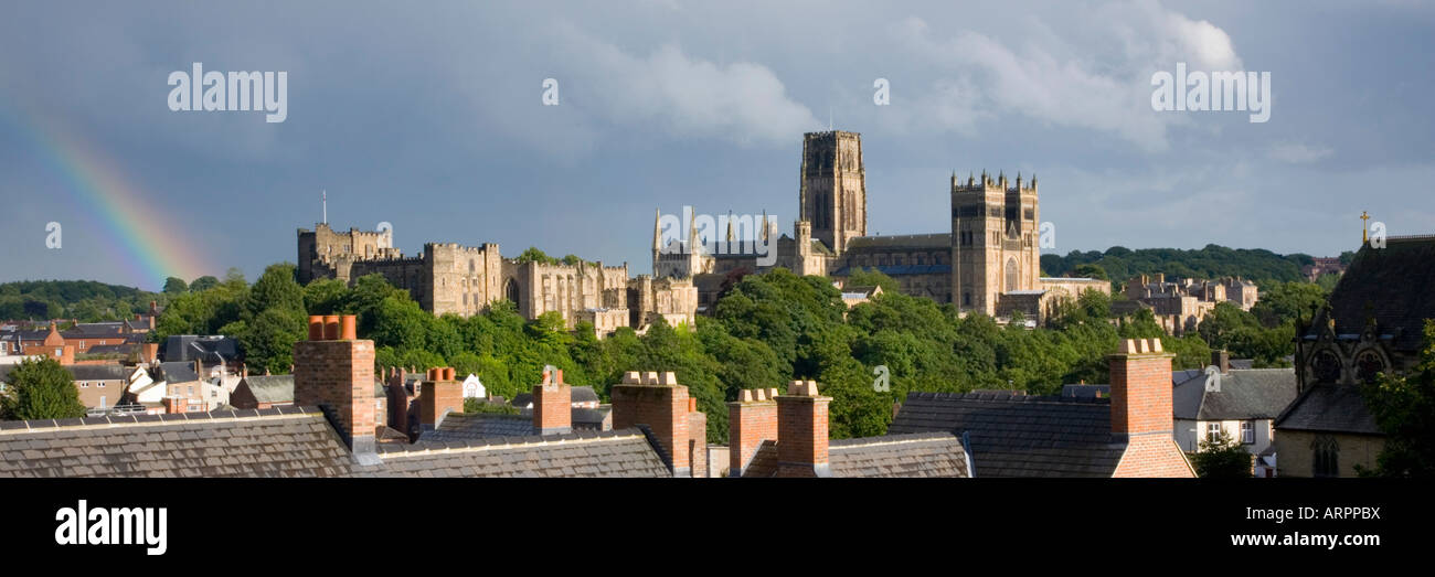 Durham, County Durham, England. View across rooftops to the castle and ...