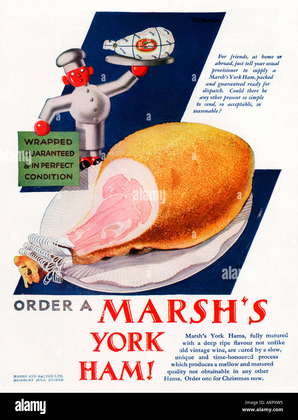 Marshs York Ham 1928 English magazine advert for the fully matured hams ...