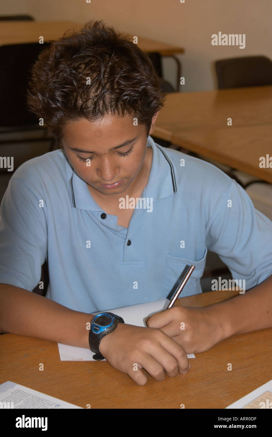 teenage school boy writing in class Stock Photo - Alamy