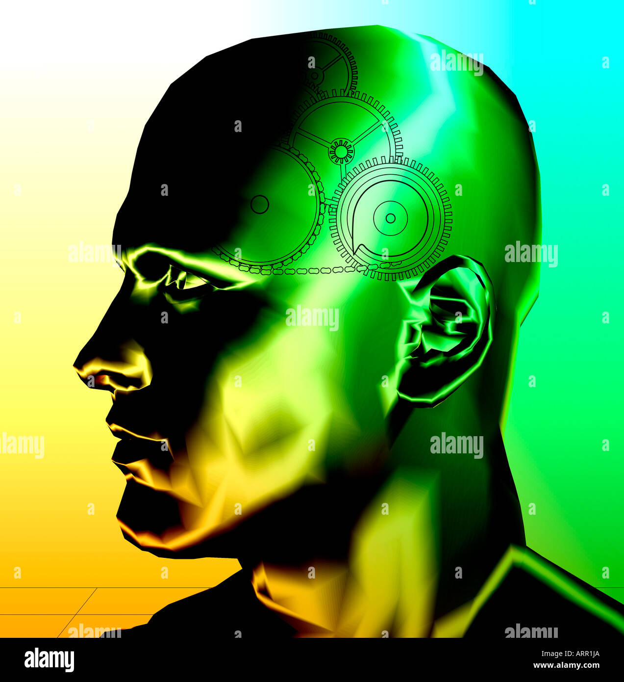 computer generated robot head in 3D with cog wheels composited inside ...