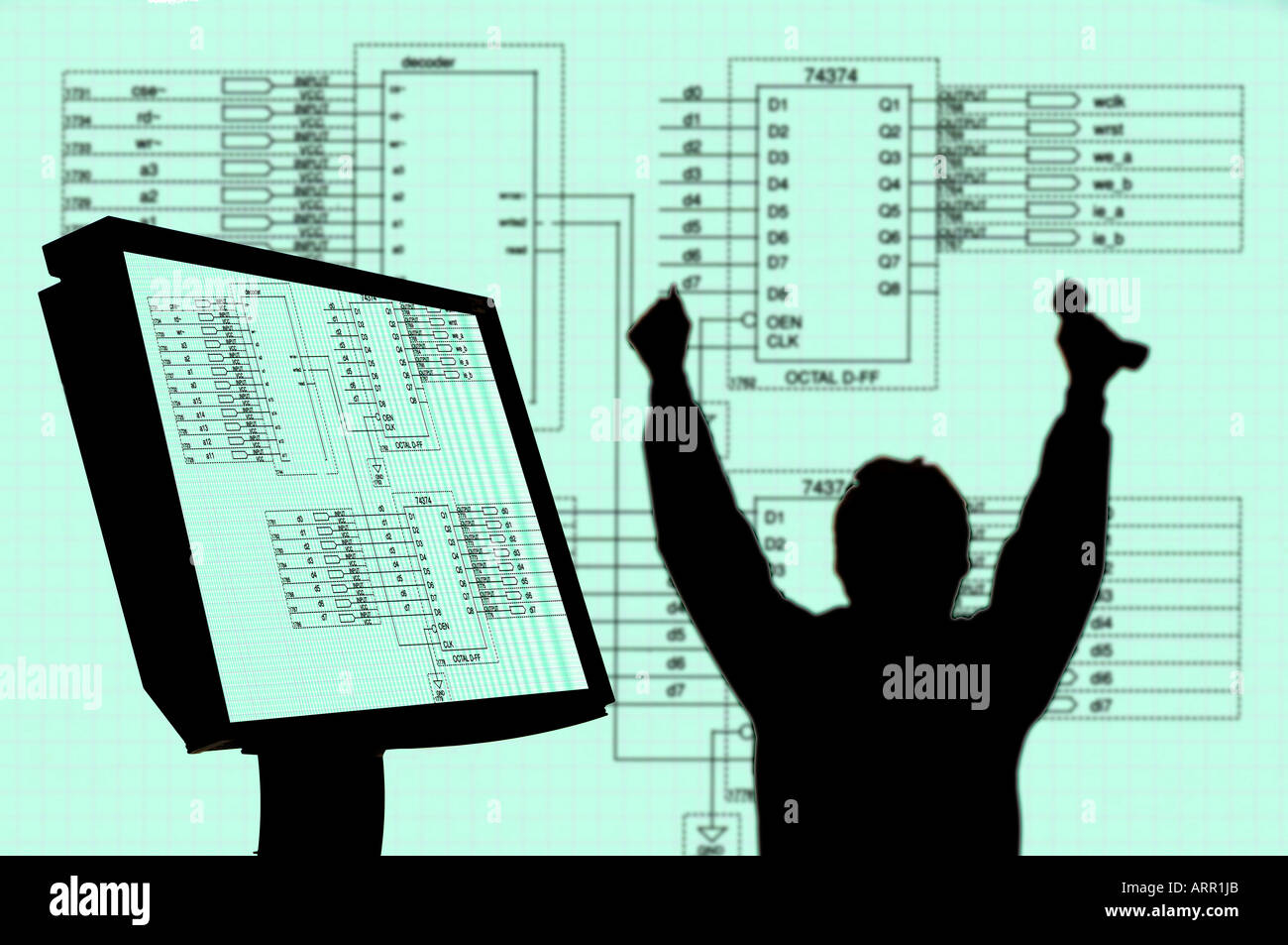 conceptual silhouette of engineer and phone expressing joy over display ...