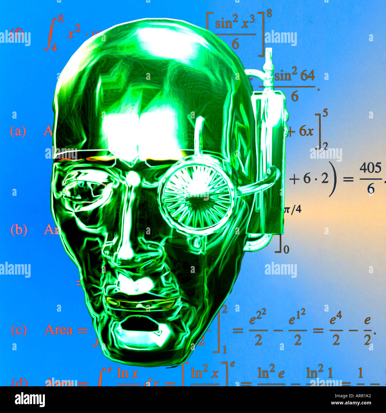 3D robot face wearing a bionic eyeglass with math symbols projected on ...