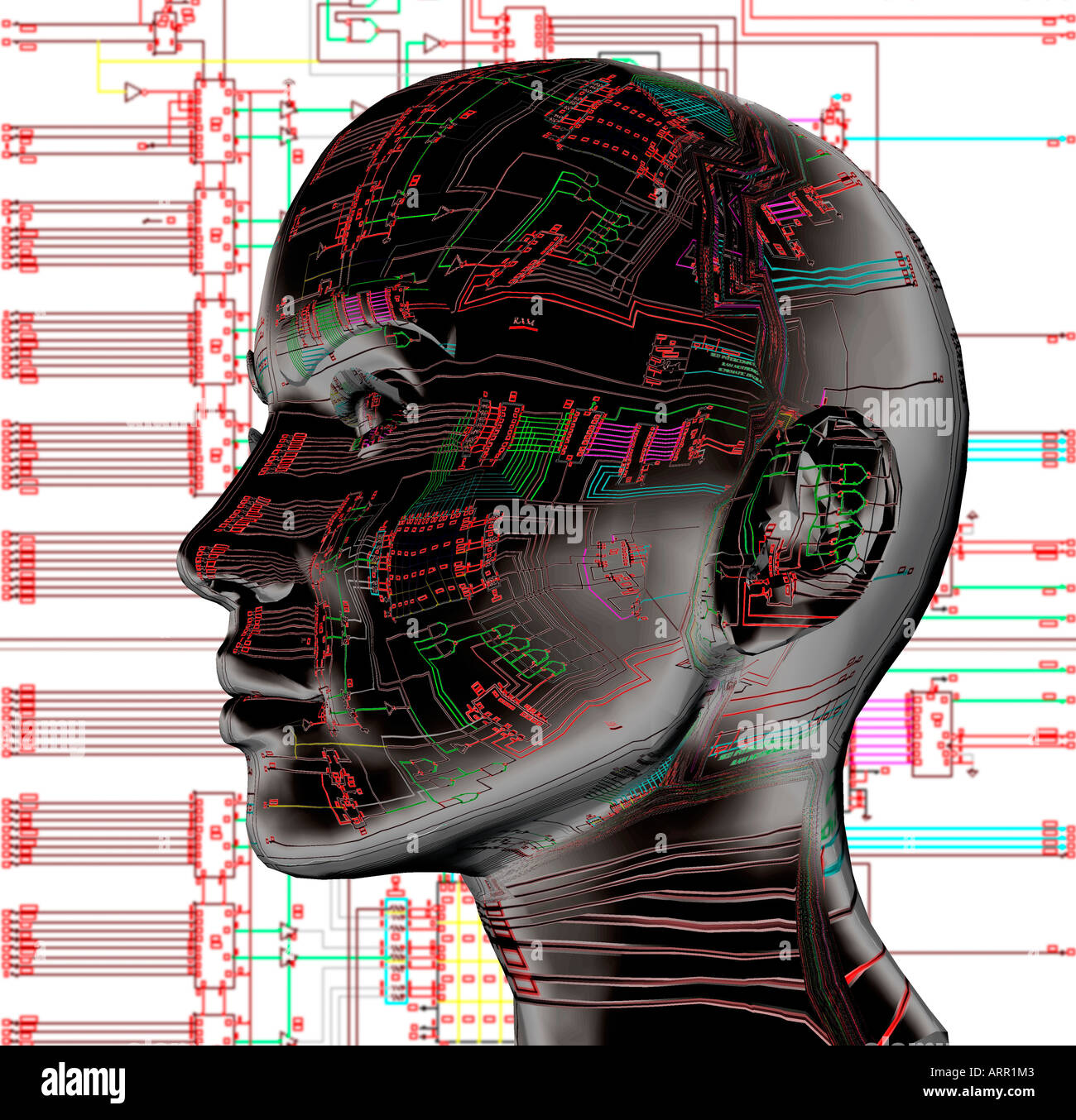 computer generated 3D female robot head with circuit board projected background and math symbols ...
