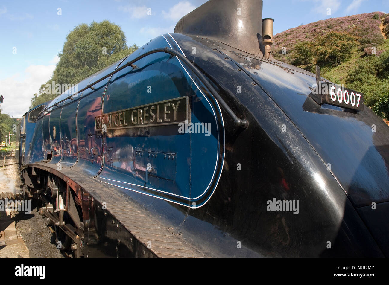 Close up of Sir Nigel Gresley steam locomotive train Goathland Station ...