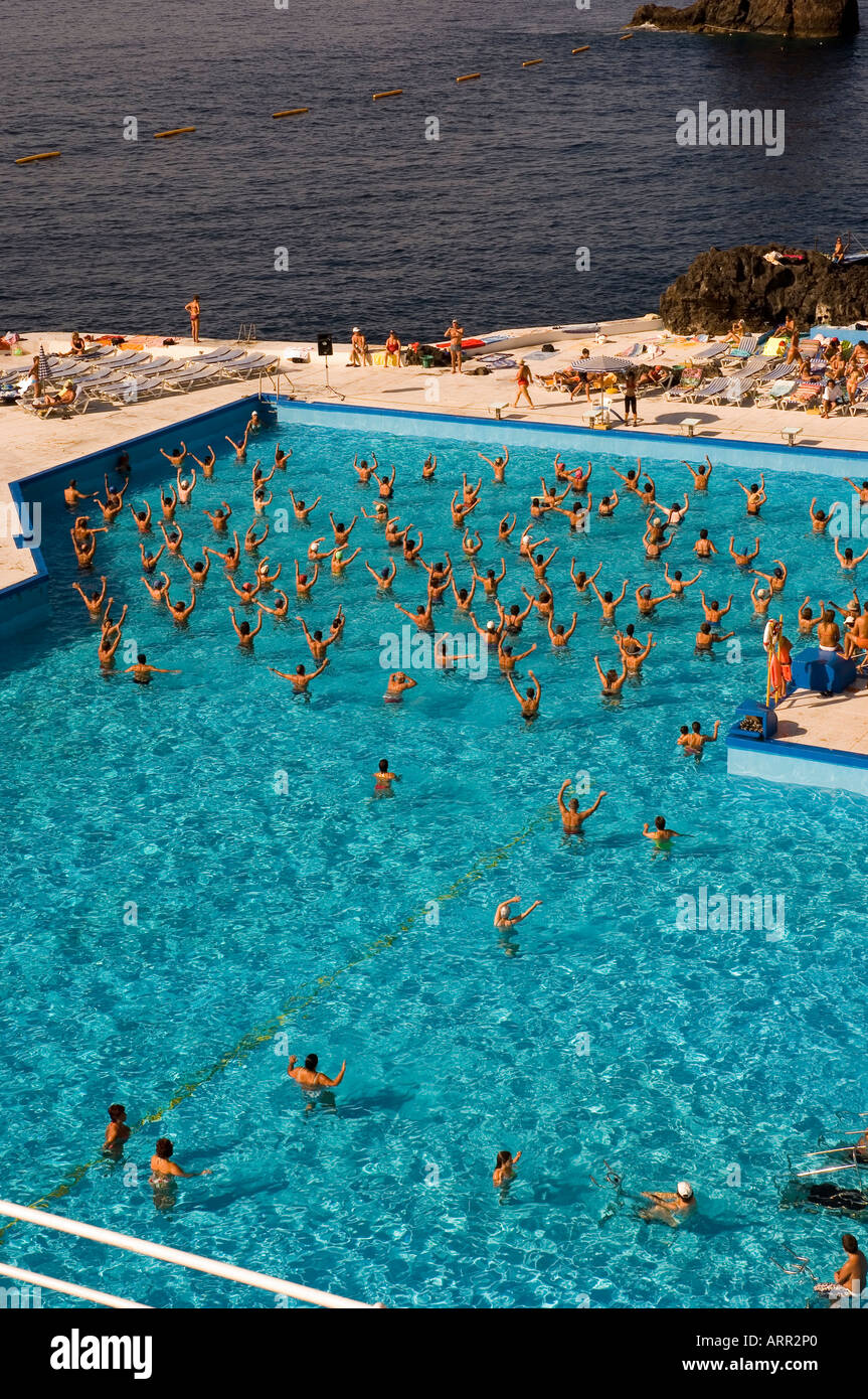 People exercising at Aquafit lesson at lido swimming pool Funchal ...